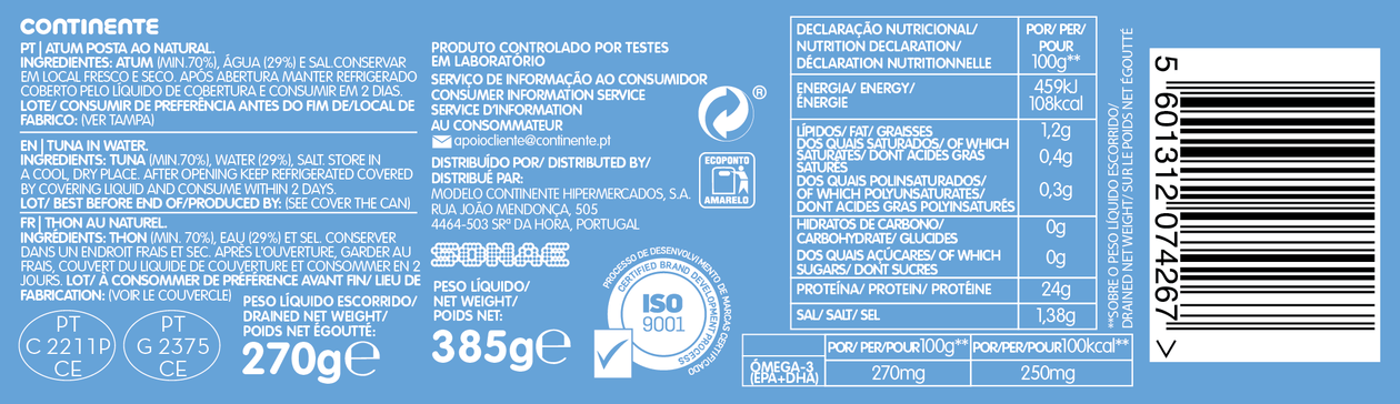 Atum ao Natural emb. 385 gr (peso escorrido 270 gr) - Continente ...