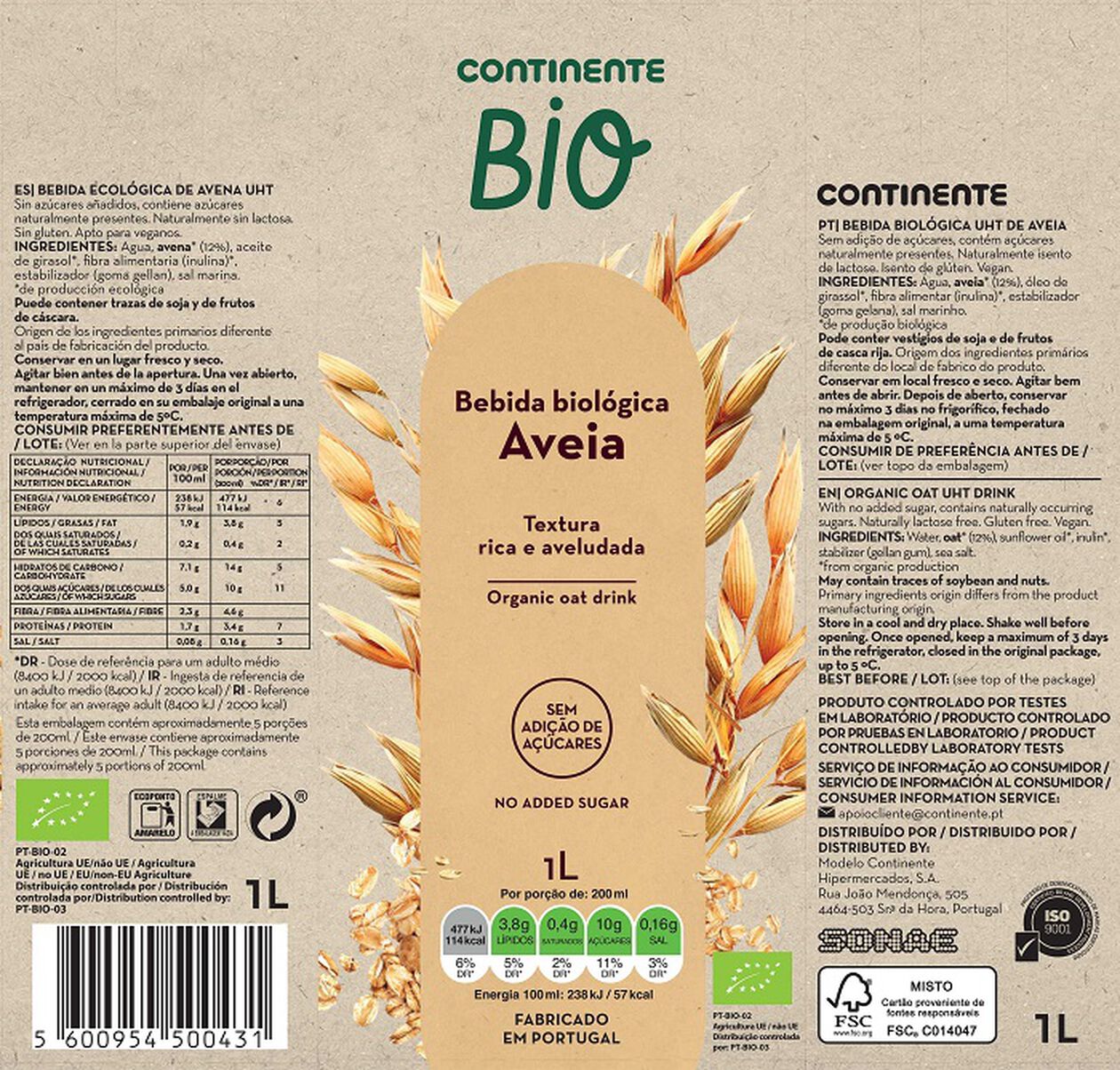 Bebida Vegetal de Aveia Biológica - Continente Bio | Continente Online