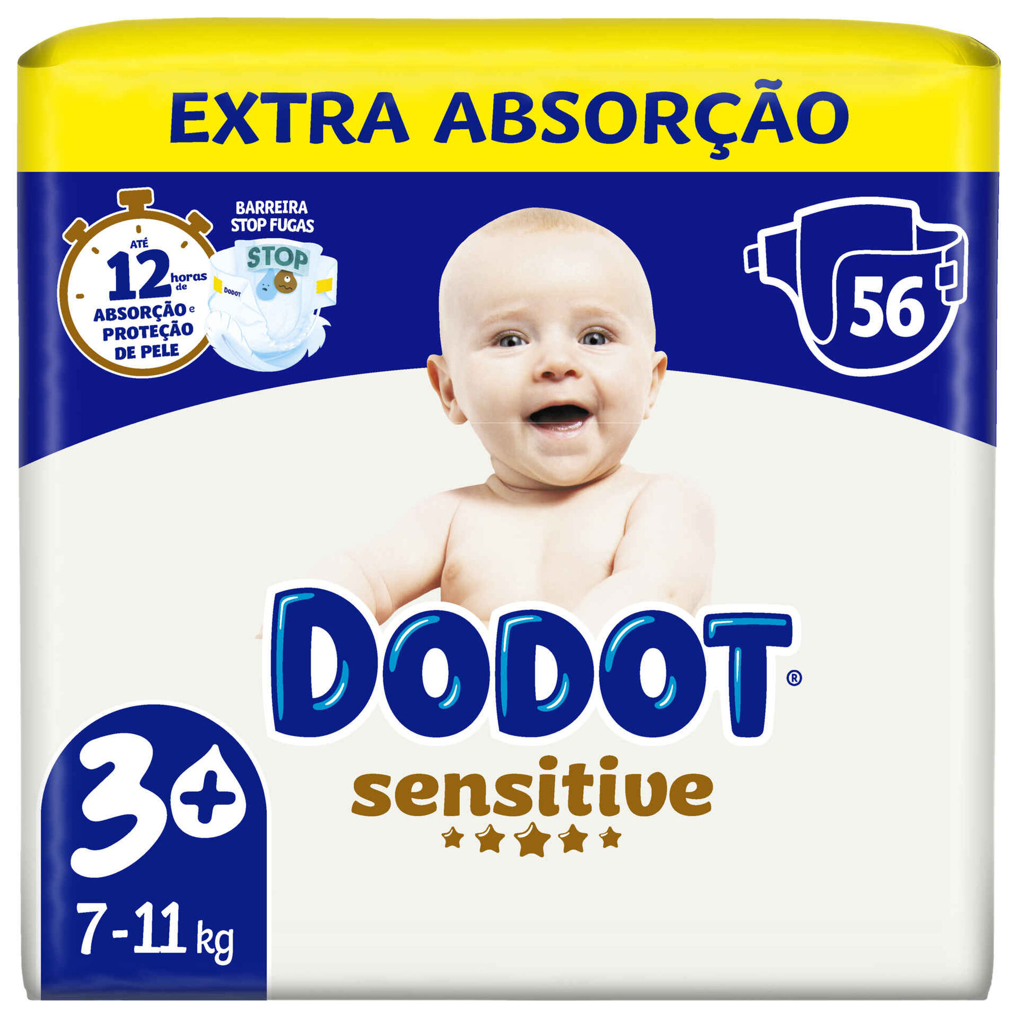 Fraldas Sensitive Extra 7-11kg T3+ Dodot - emb. 56 un | Continente Online