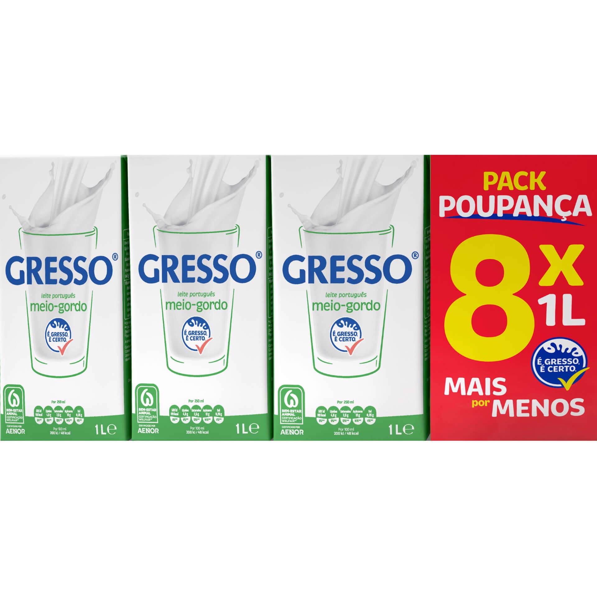 Leite UHT Meio Gordo Gresso - emb. 8 x 1 lt | Continente Online