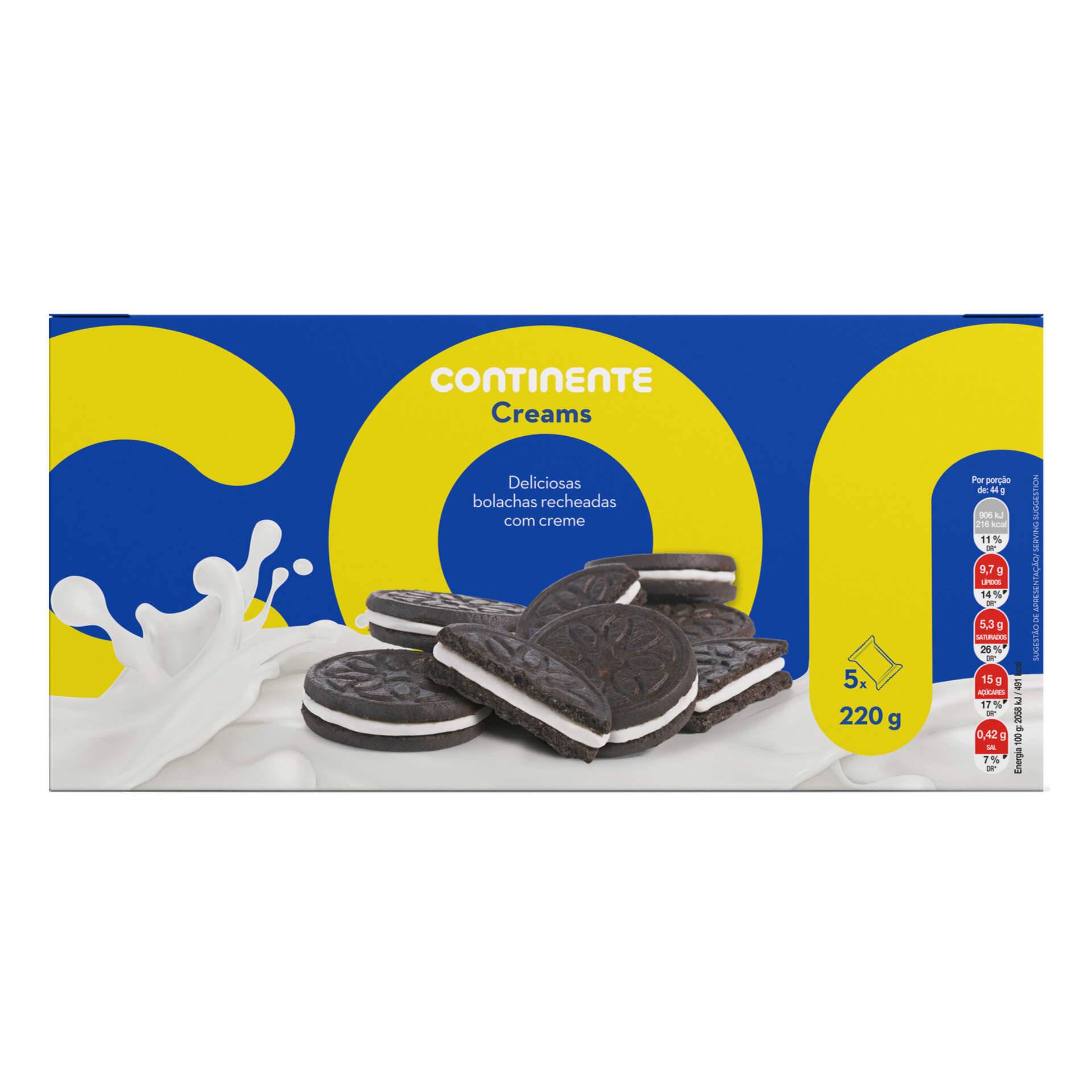 Bolachas Recheadas Cacau E Baunilha Continente Emb 220 Gr 5 Un