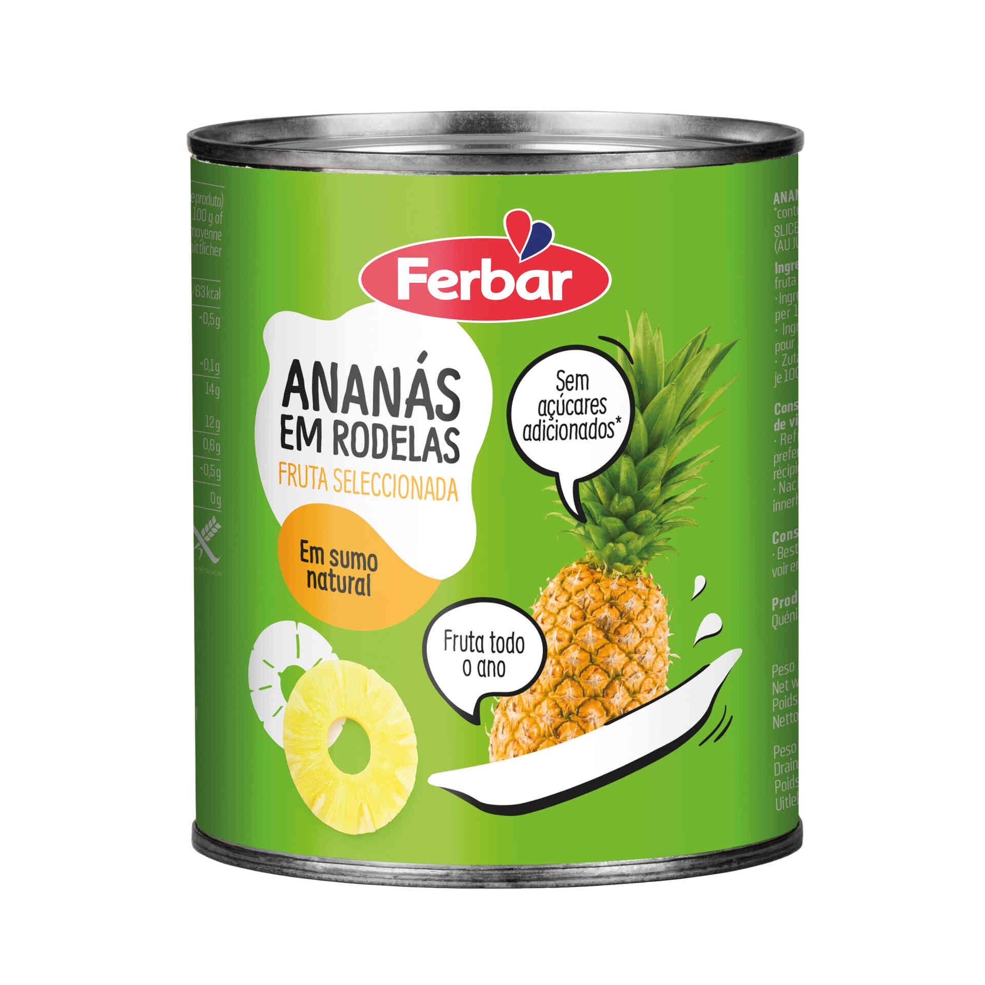 Ananás em Calda Sumo Natural Ferbar - emb. 820 gr (peso escorrido 500 ...