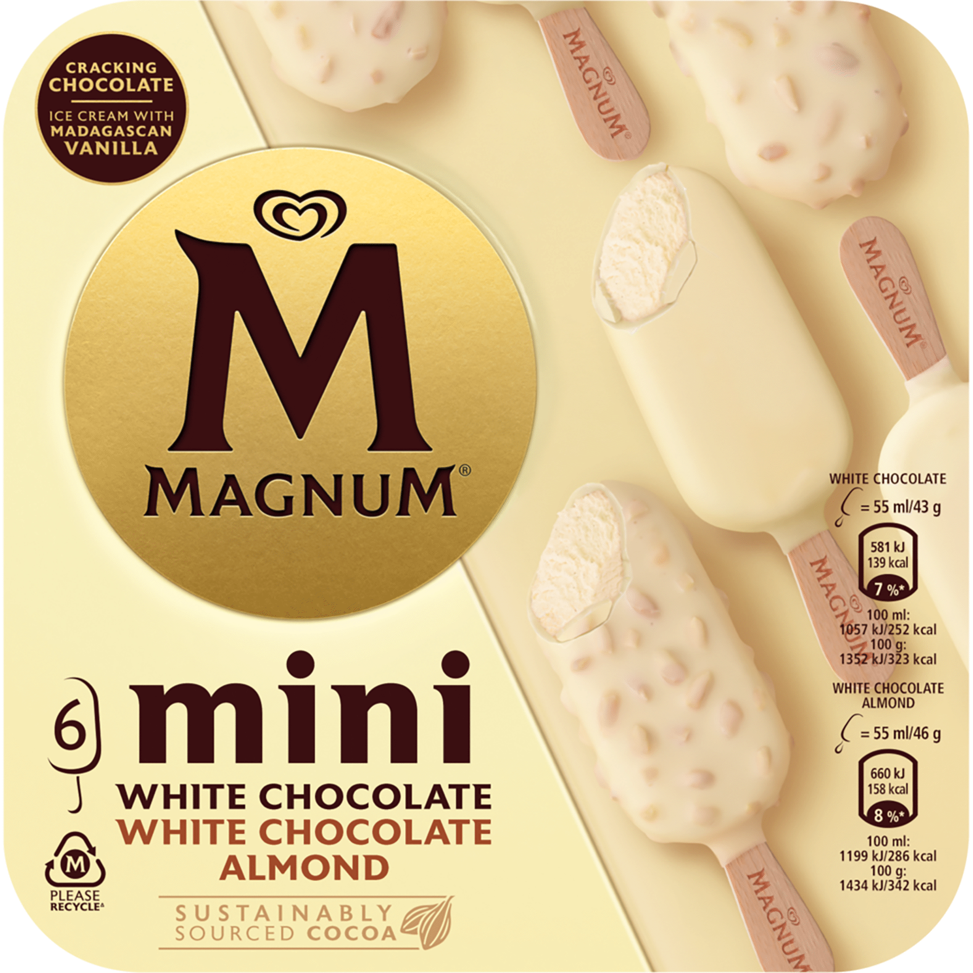 Gelado Mini Chocolate Branco e Amêndoa Magnum - emb. 330 ml (6 un ...