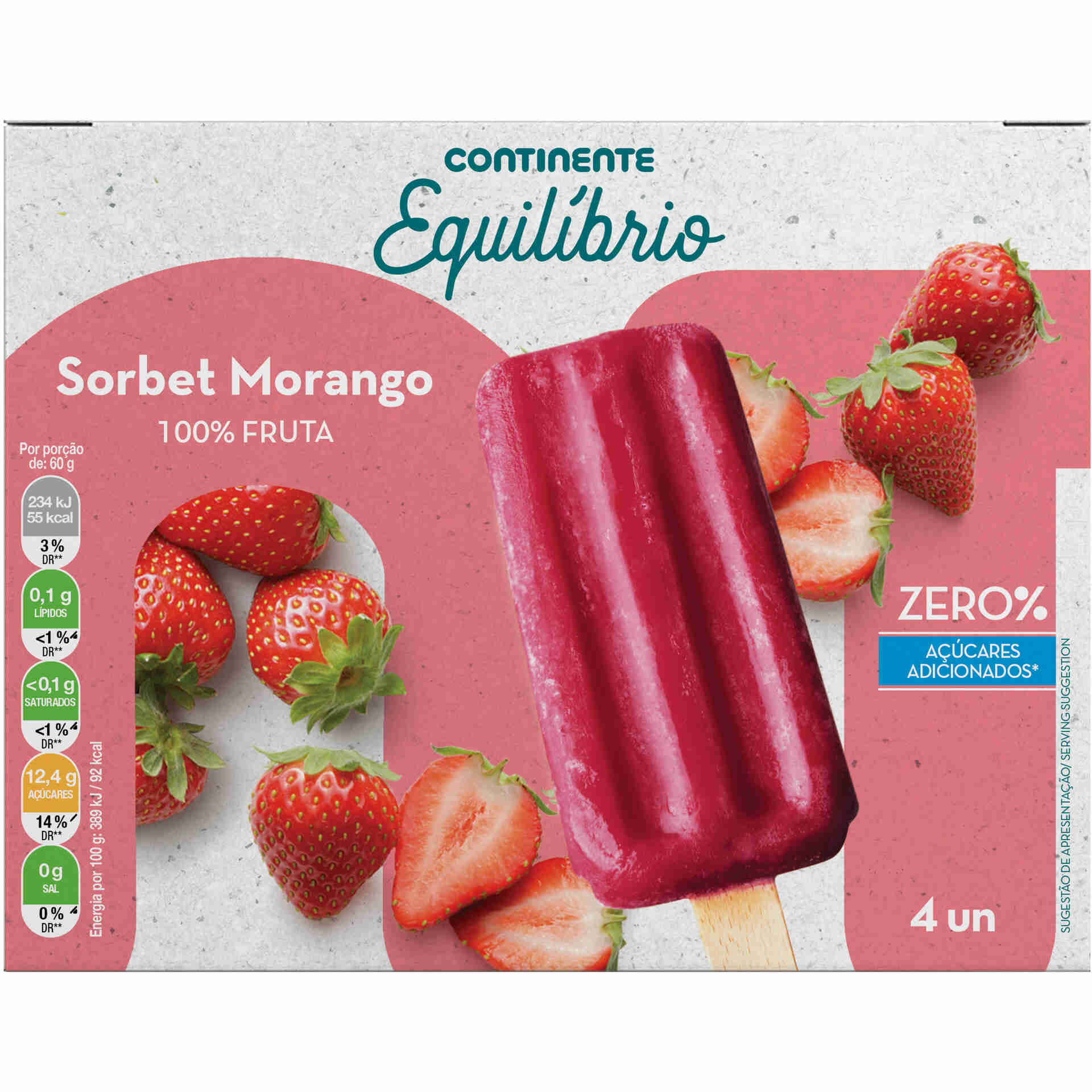 Gelado Morango 100% Fruta Continente Equilíbrio - emb. 4 un ...