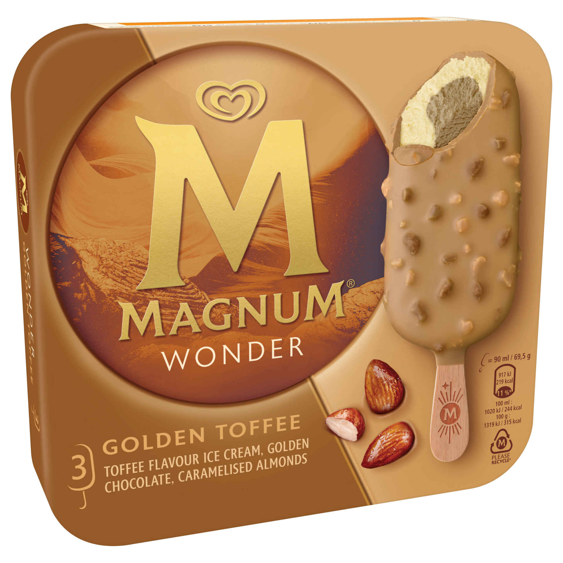 Gelado Wonder Toffee, Chocolate e Amêndoas Caramelizadas Magnum - emb ...
